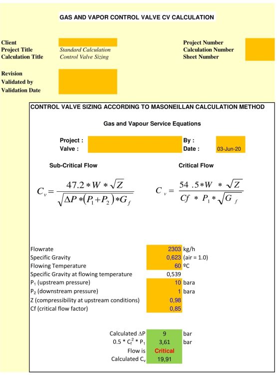 Calculation of Liquid and Gas/Vapor Control Valve CV | Excel Template